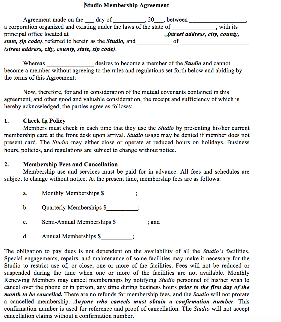 Membership Agreement The Association Of Fitness Studios Membership Agreement The Association Of Fitness Studios